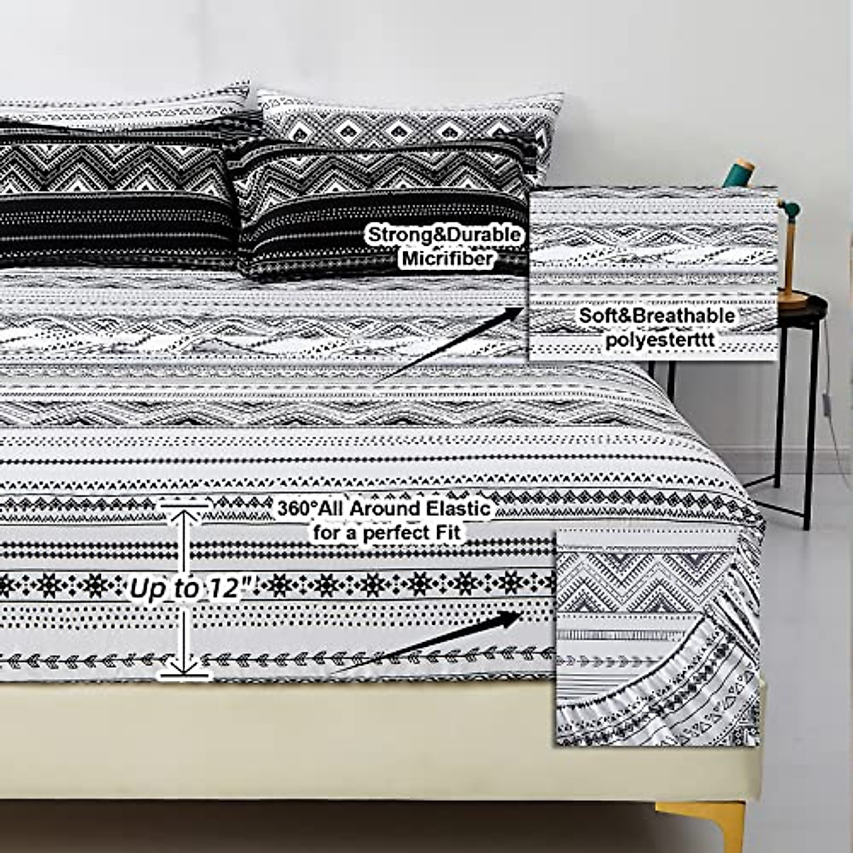 Black Aztec Comforter Set Queen,Boho 7 Pieces Bed in a Bag Comforter Bohemian Bedding Set Soft Microfiber Queen Size(1 Comforter,2 Pillowcases,2 Pillow Shams,1 Flat Sheet,1 Fitted Sheet)