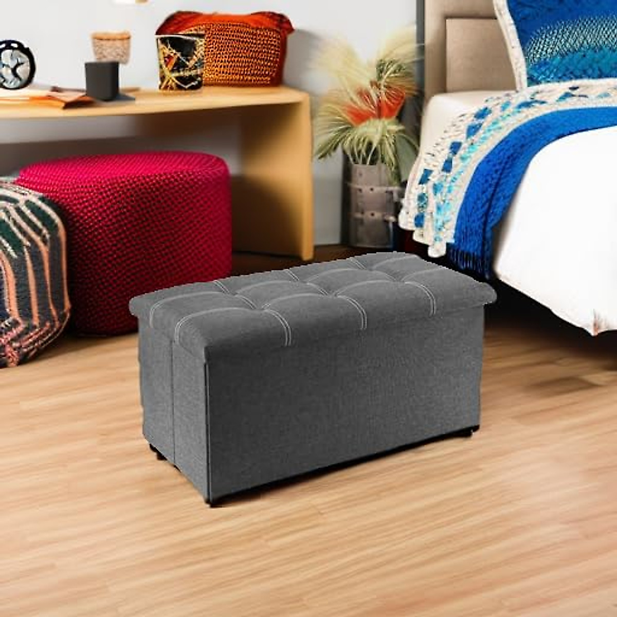 YOUDENOVA 43 Inches Folding Storage Ottoman Bench, Ottoman with Storage Footrest for Living Room, Bed End Bench Chest Seat with Divider, Faux Leather Grey