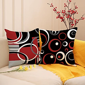 Mologle Red and Black Throw Pillow Covers 18x18 Set of 4,Grey Modern Abstract Pillowcases,Gray Geometric Circle Pattern Decor for Sofa Couch Living Room Bedroom Home Outdoor