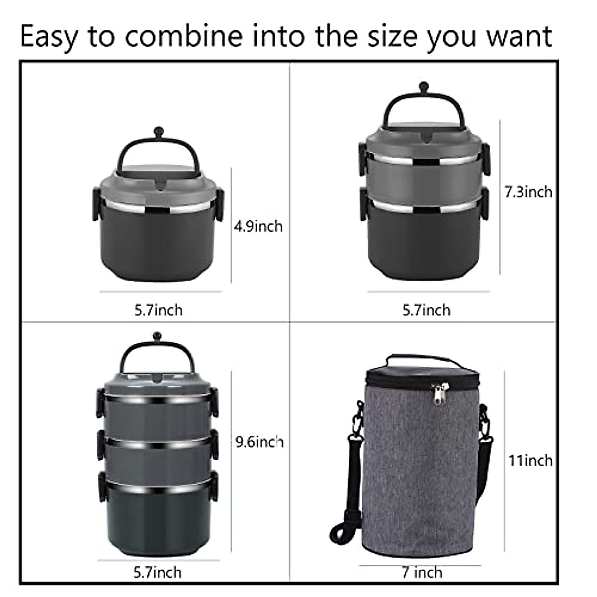 Thermal Lunch Box,YFBXG 3 Tier Stainless Steel Insulated Bento Lunch Container With Lunch Bag & Utensils (Gray, 3 Tier)