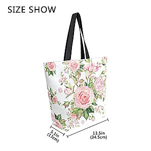 ALAZA Pink Rose Flower Large Canvas Tote Bag Floral Shopping Shoulder Handbag with Small Zippered Pocket
