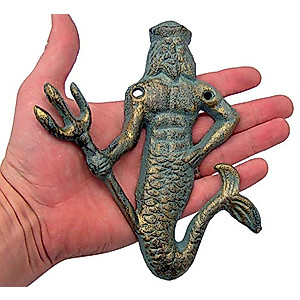 Green Cast Iron King Neptune Wall Hooks, Set of 2, 6.5 Inches