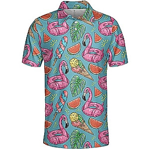 Rhodias Flamingo Shirt Flamingo Golf Shirt Floral Golf Shirts for Men Hawaiian Golf Blue Shirt Pink Ice Cream Watermelon