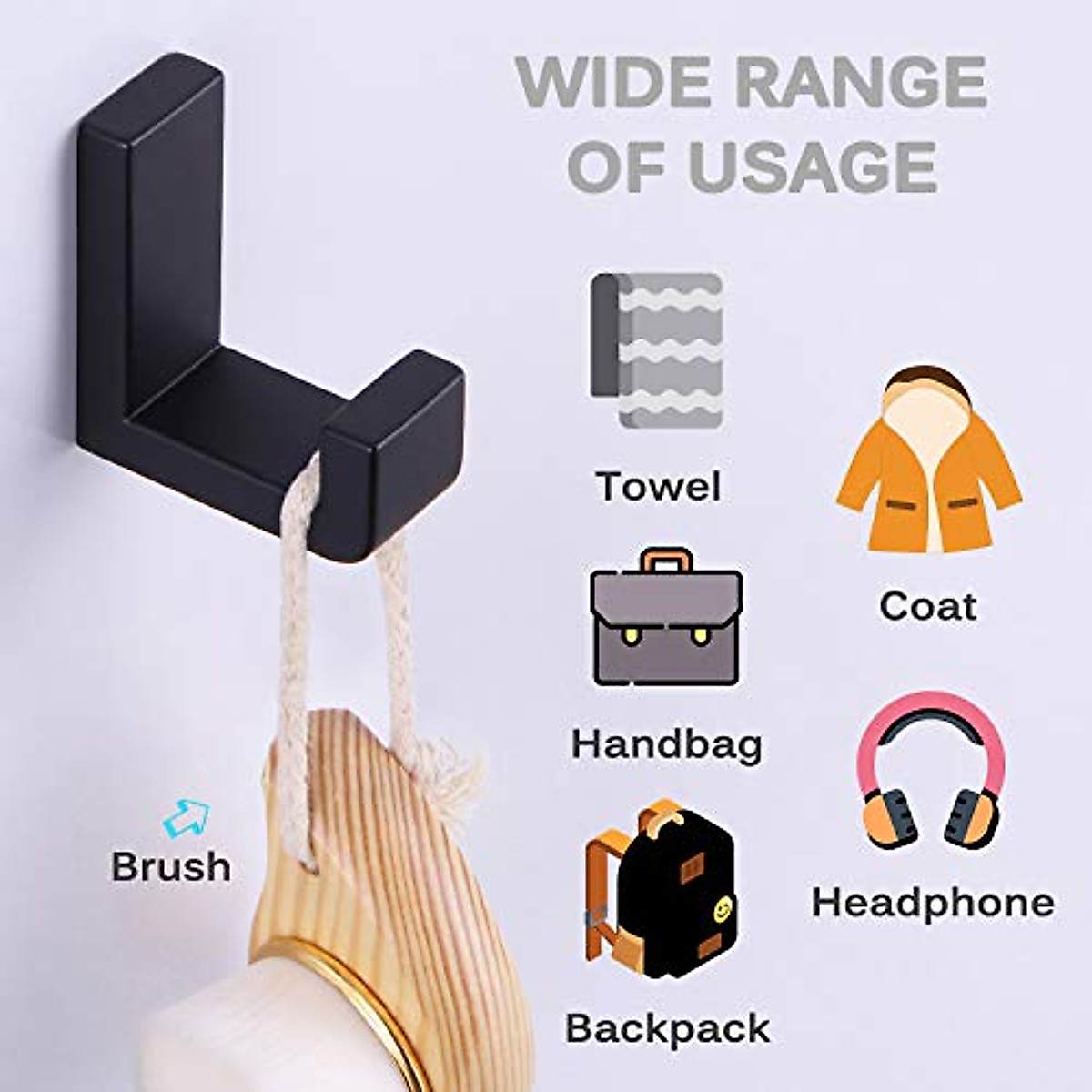Angle Simple Robe Towel Hook Matte Black, Stainless Steel Clothing Towel Hanger, Wide Utility Hook, Hand Towel Holder for Bathroom Kitchen Office Cabinet, Modern and Farmhouse Style, Wall Mount