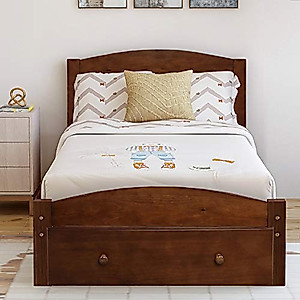 Platform Twin Bed Frame with Storage Drawer and Wood Slat Support No Box Spring Needed (Walnut)