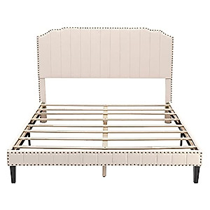 civama Queen Bed Frame with Headboard, Upholstered Platform Beds Modern Linen Mattress Foundation with Nail Head Footboard, No Box Spring Needed, Strong Wood Slats Support, Easy Assembly, Beige