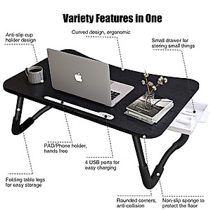 Laptop Bed Desk,Portable Foldable Laptop Lap Desk Tray Table with USB Charge Port/Cup Holder/Storage Drawer,for Bed/Couch/Sofa Working, Reading