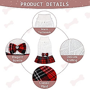 Pedgot 2 Pieces Dog Sweater Dress Plaid with Bowtie Turtleneck Dog Knitwear Pet Sweater Pullover Sweater for Dogs Cat Dress Checked (Beige, Grey, Large