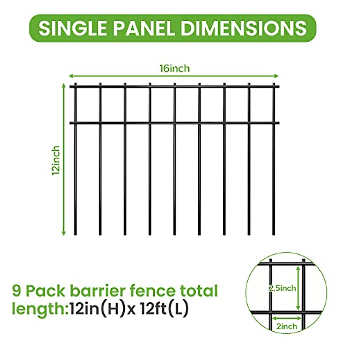 9 Pack 16x12-inch No-Dig Animal Barrier Fence, SOCBAZZAR Underground Dog Digging Barrier Fence with 2 inch Spike Spacing, Rustproof Metal Fence Defense for Outdoor Garden Yard, Black