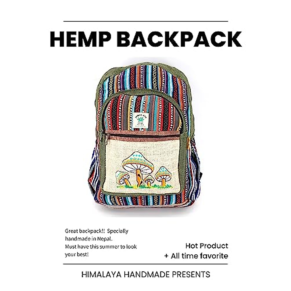 Unique Mushroom Embroidered Tie Dye Himalaya Hemp Large Hippie Backpack Festival Backpack FAIR TRADE Handmade with Love. (GREEN)