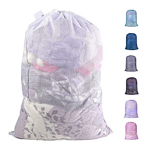 Polecasa Heavy Duty Large Mesh Laundry Bag with ID Tag and Locking Drawstring Closure - 24 x 36 inches - Laundry Hamper Liner, Washable Laundry Bags for Travel, Sports, Dorms ( White )