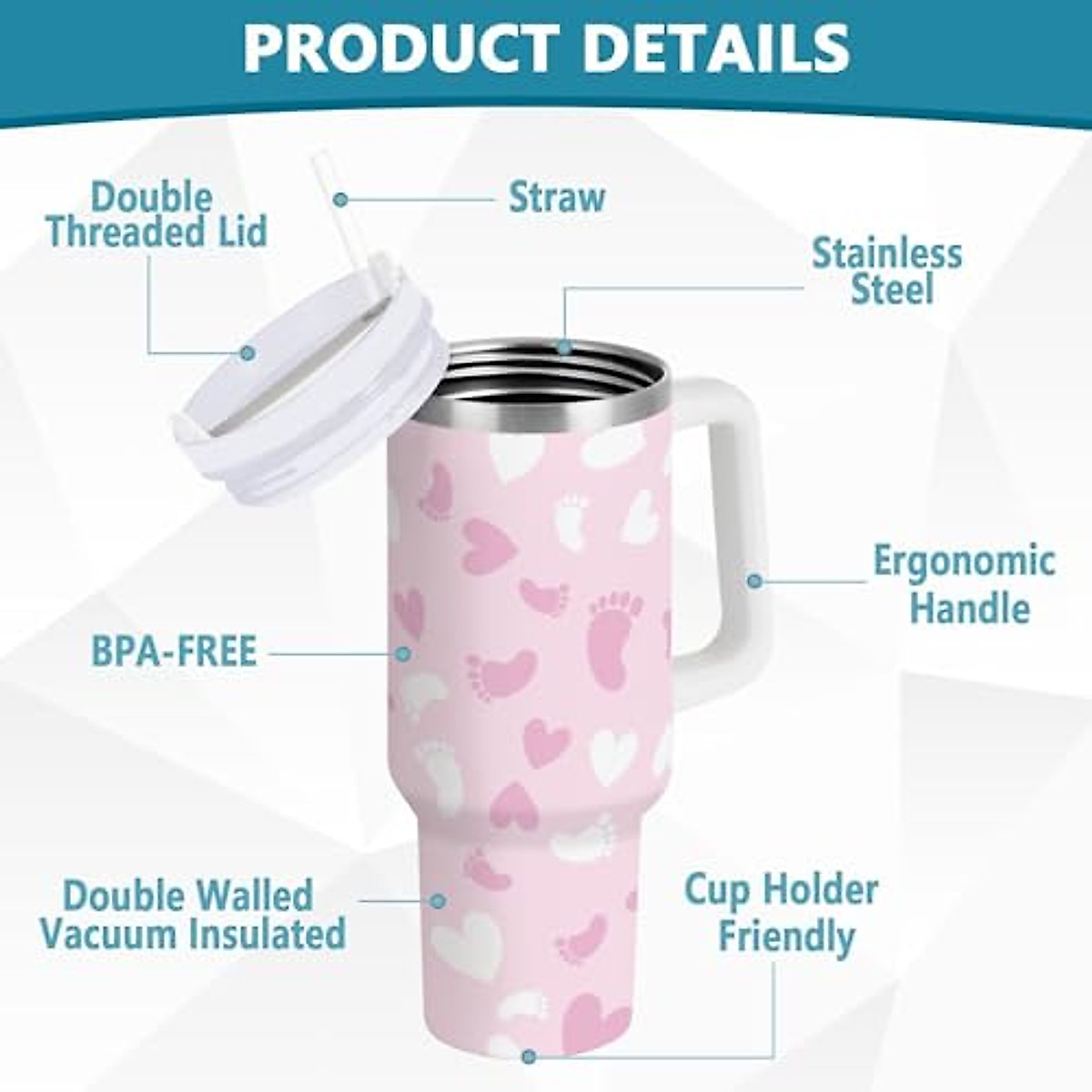 DIGTIA Stainless Steel Insulated Tumbler w/Handle & Straw, Pink Heart Double Wall Vacuum Travel Coffee Mug Cup w/Lid, Leak-Proof Sports Cute Water Bottle,40oz
