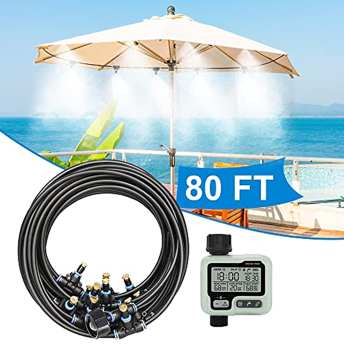 Misting Cooling System,Outside Water Misters for Outdoor Patio,80Ft(24M),Backyard Mist Hose Kits with Sprinkler Timer Yard,Lawn,Garden,Greenhouse,Fan,Umbrella,Canopy,Pool,Porch,BBQ Party Accessorie