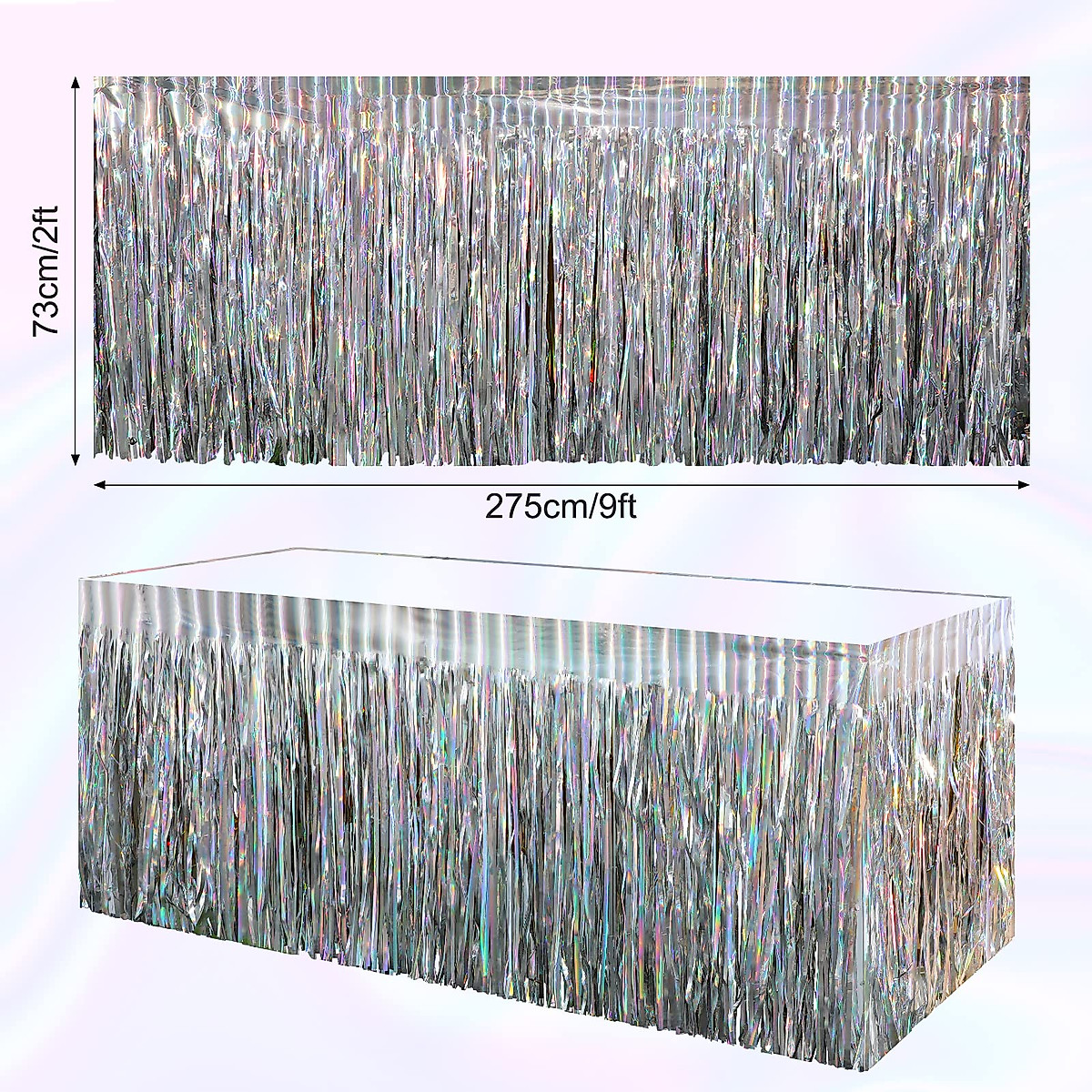 2 Pack Iridescent Table Skirt, Metallic Foil Fringe Tinsel Table Skirts for Rectangle Tables, Disposable Laser Rainbow Table Skirt Iridescent Party Decorations for Birthday Wedding Holiday, 29x108Inch
