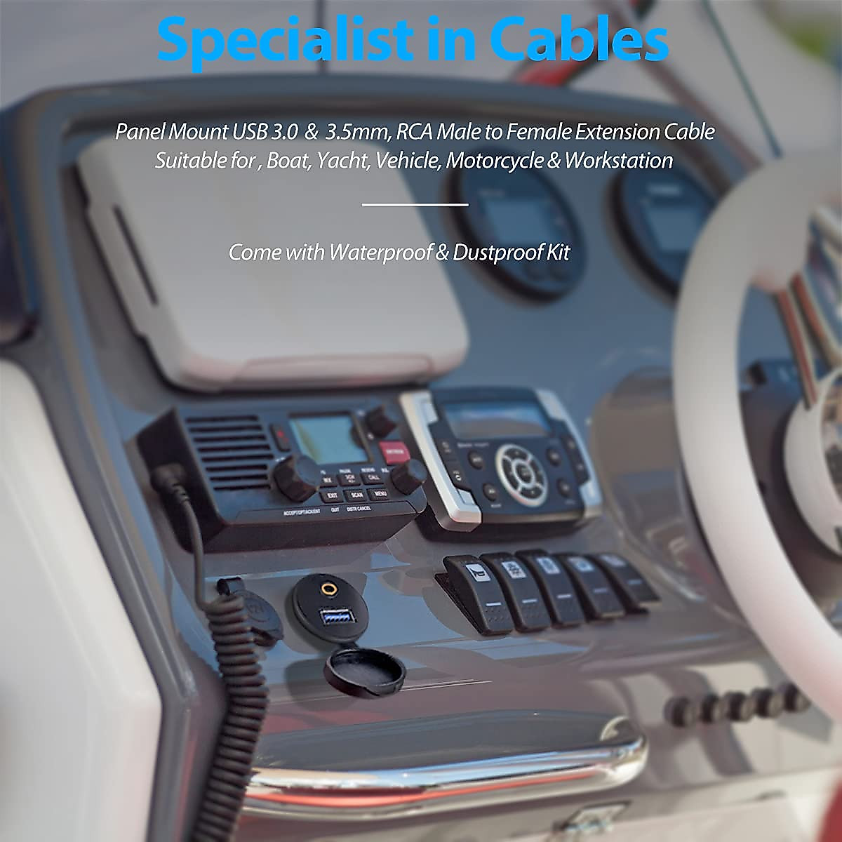 URWOOW Flush Mount Cable Kit 3 ft USB 3.0 Male to Female and 2 RCA Male to 3.5mm Female AUX Extension Cable Dashboard Panel Dash Mount Port 3 feet