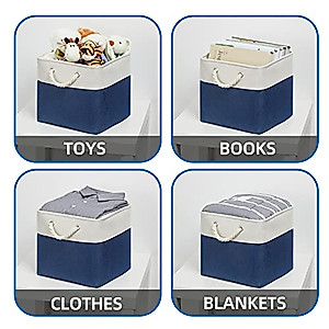 Temary Storage Baskets for Shelves 13x13 Baskets for Gifts Empty, 4 Pack Shelf Baskets Large Storage Baskets Cube Storage Bins Fabric Storage Cubes with Handles for Shelves (White&Blue)