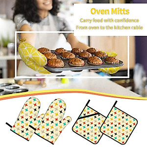 Modern Atomic Stars Retro Colors Oven Mitts and Pot Holders 4pcs Sets，Funny Kitchen High Heat Resistant Oven Mitts，with Oven Gloves and Hot Pads Pot Holders for Baking Cooking BBQ Grilling