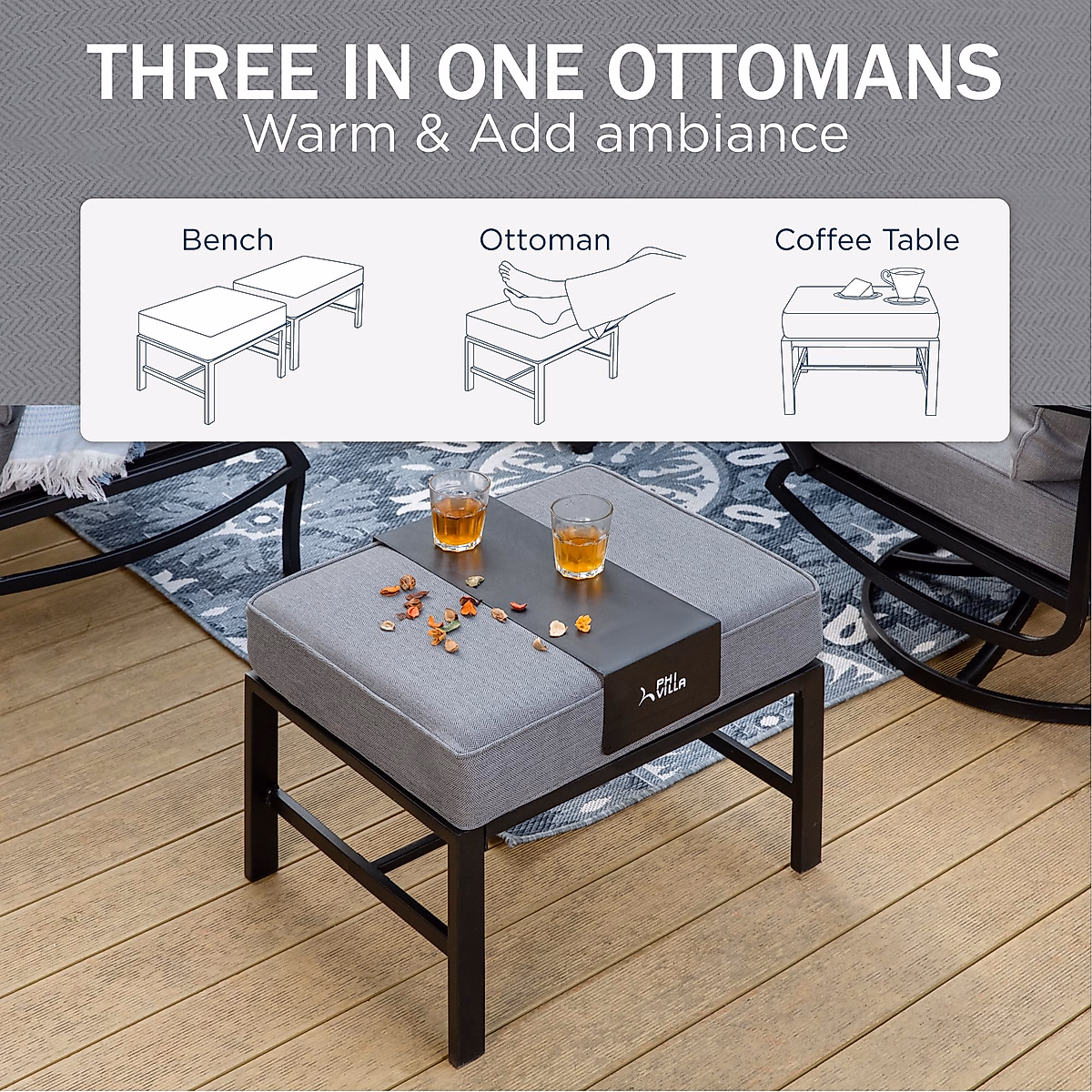 PHI VILLA 8 PCS Patio Furniture Set with Fire Pit Table,Metal Outdoor Furniture with 1 x 3-Seat Bench Sofa, 2 x Swivel Sofa Chairs, 2 x Leg Chair & 2 x Ottoman, Modern Patio Set, Grey