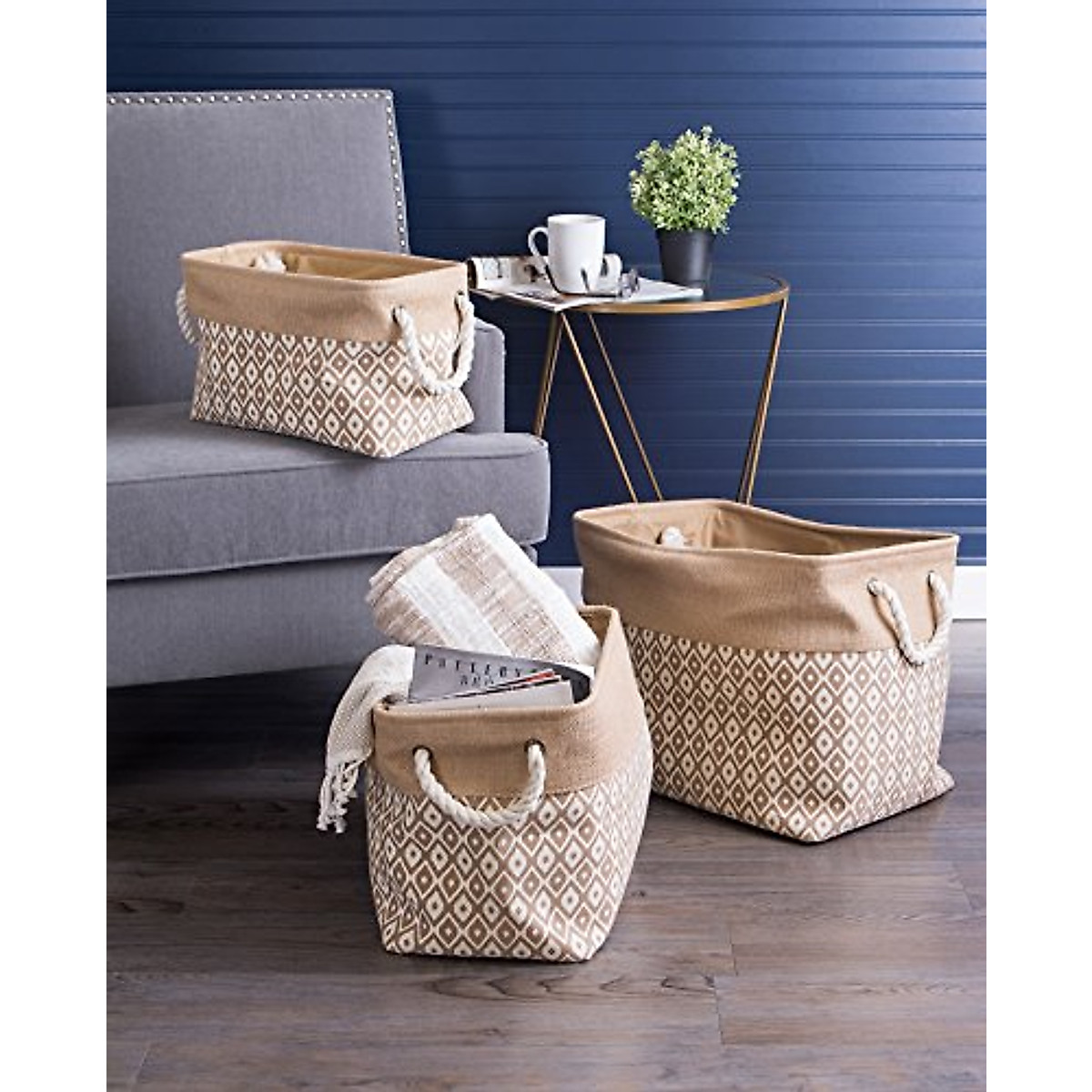 DII Collapsible Burlap Ikat Storage Bin, Large Rectangle, 17.5x12x15, Brown