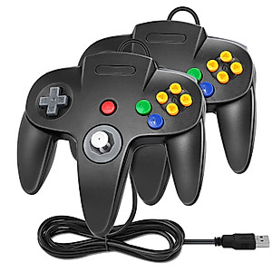 2 Pack USB N64 Controller, FISUPER Wired Video Game Controller USB Gamepad for Windows PC MAC Raspberry PI Retropie (Black)