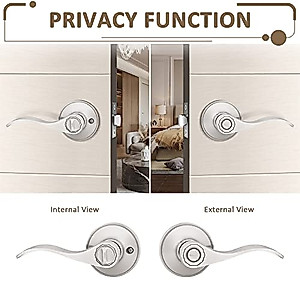 Probrico (6 Pack Privacy Door Lever[Thumb Turn Lock on The Inside],Locking Door Handle Set for Bedroom & Bathroom Doors,Keyless Satin Nickel Finish Wave Door Lock, Reversible Right & Left Side Handed
