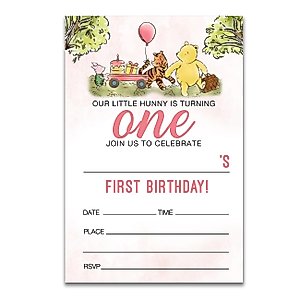 Dolimifa Pink Winnie the Pooh 1st Birthday Invitations Fill in Style Classic Winnie the Pooh First Birthday Invites, 20 Count With Envelopes
