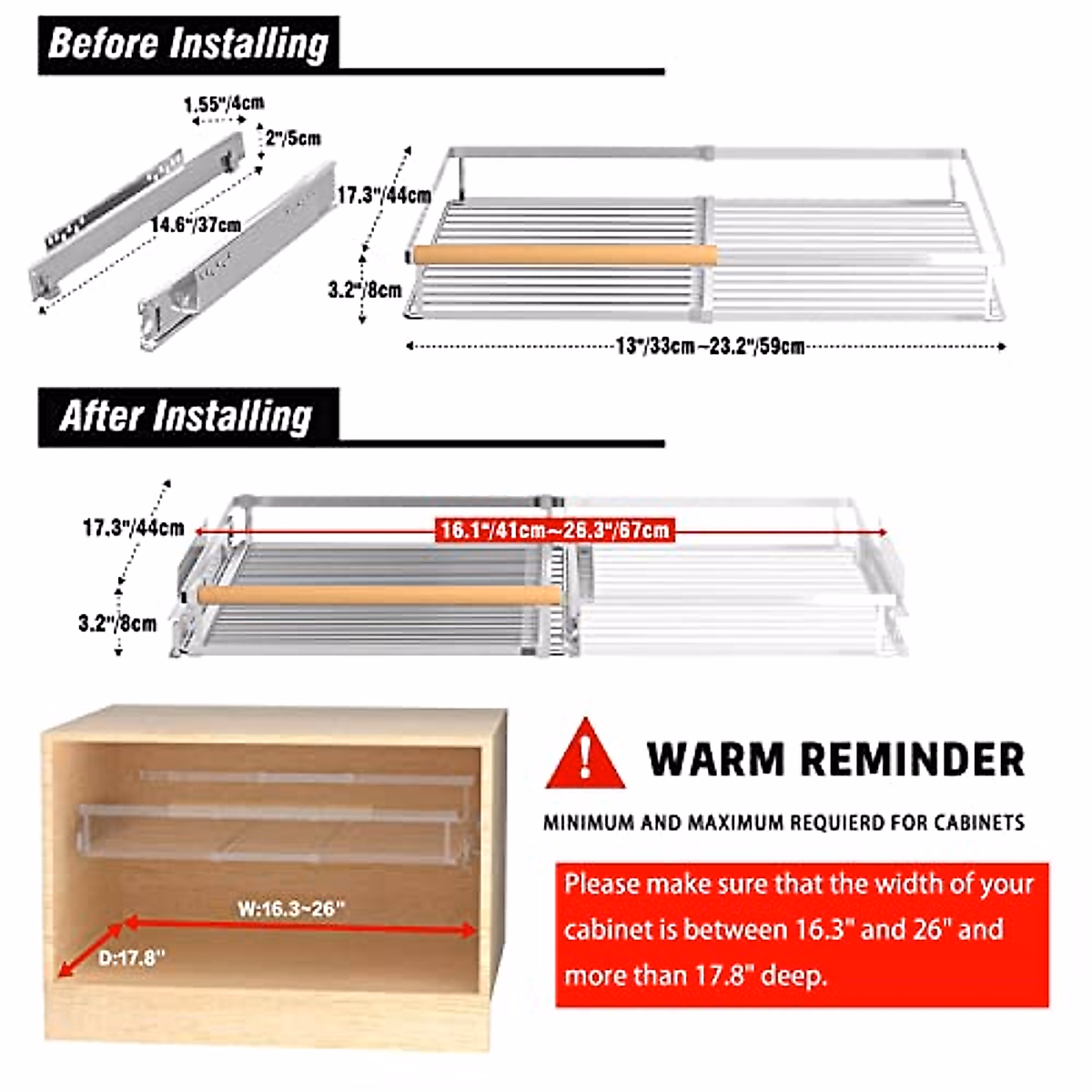 2Pack Expandable Pull Out Drawers for Kitchen Cabinets, Heavy Duty Cabinet Pull Out Shelves, 16.3~26.3"W x 17"D Adjustable Width Pull Out Cabinet Organizer for Home Kitchen Pantry Cupboard (2Pack)