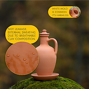 Hakan Anadolu Natural Clay Water Pitcher Set | Unglazed Terracotta Water Carafe & Plate | Traditional Small Mud Jug | Pottery Jar for Drinking Water | Small | 1.6 qts