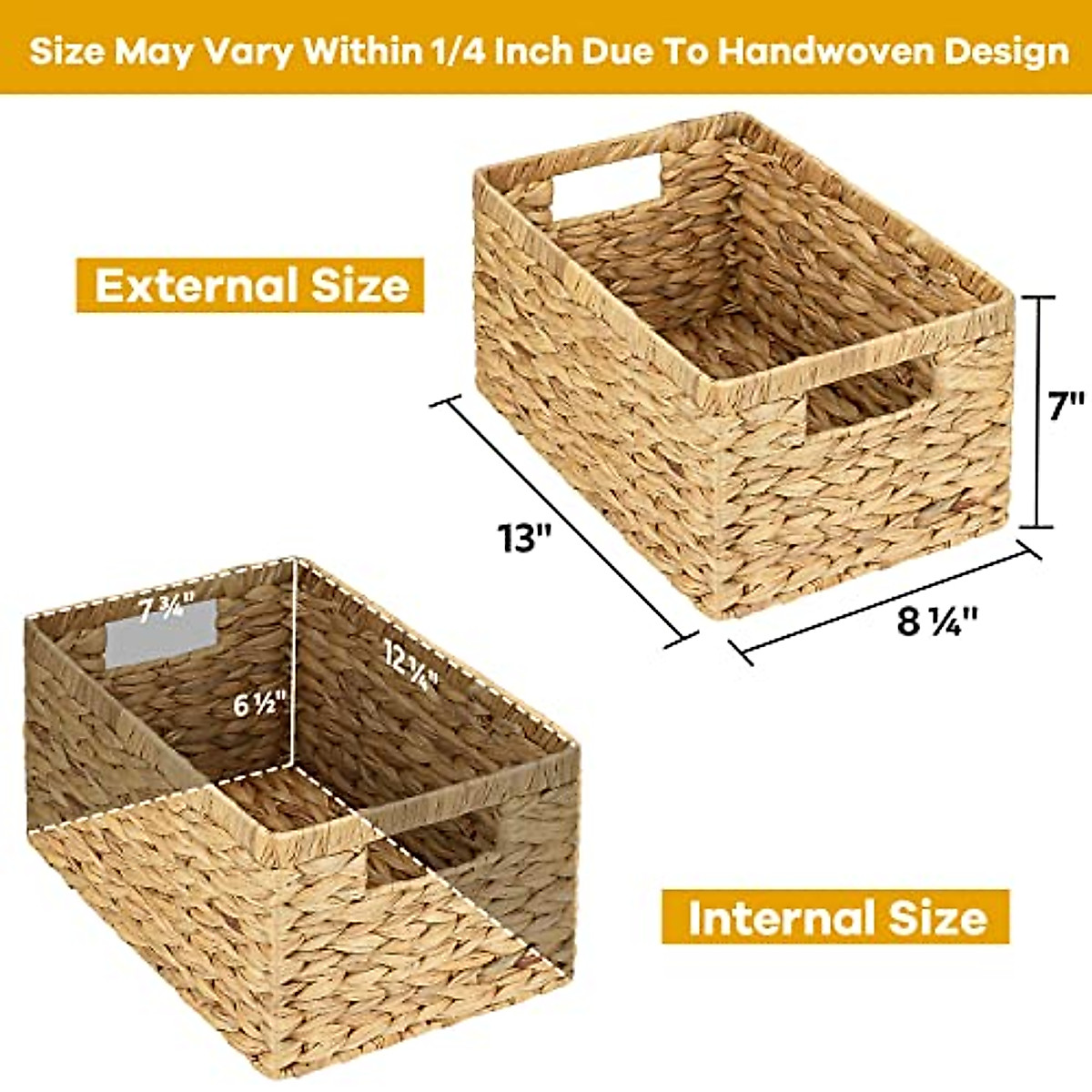 HEPFLANZE 4 Pack Water Hyacinth Storage Basket 13"L x 8-¼"W x 7"H Wicker Bins Seagrass Woven Organizer Cube for Shelves Rectangular Container, Natural Color