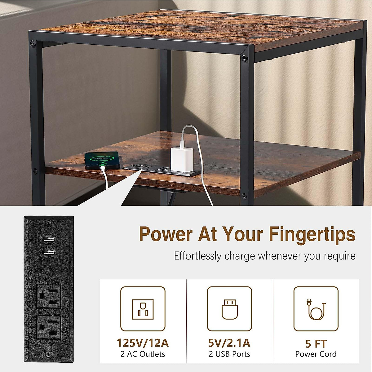 Tatub 20" End Table with Charging Station, Industrial Square Side Table with USB Ports & Outlets, Versatile 2-Tier Small Nightstand for Bedroom Living Room, Rustic Brown