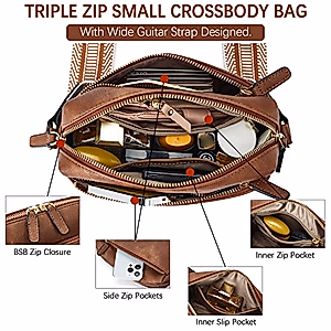 BOSTANTEN Small Crossbody Purse for Women Triple Zip Cell Phone Leather Shoulder Handbag with Wide Guitar Strap Brown