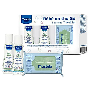 Mustela Bebe On-The-Go Travel Set - Baby Skin Care & Bath Time Gift Set - Natural & Plant-Based - 3 Items Set - Packaging may vary