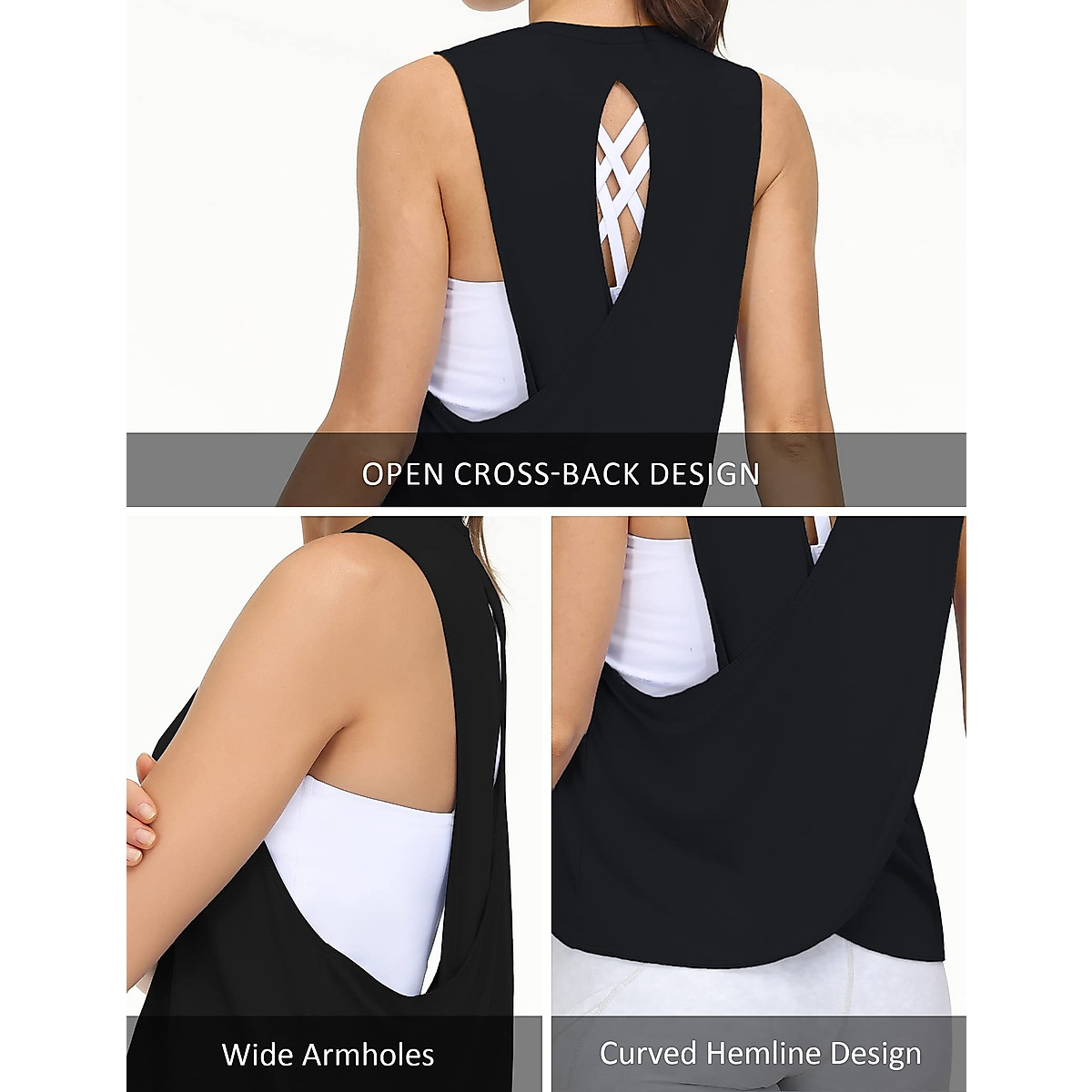 THE GYM PEOPLE Women's Open Cross Back Workout Tank Tops Loose Fit Sleeveless Yoga Running Shirts Black