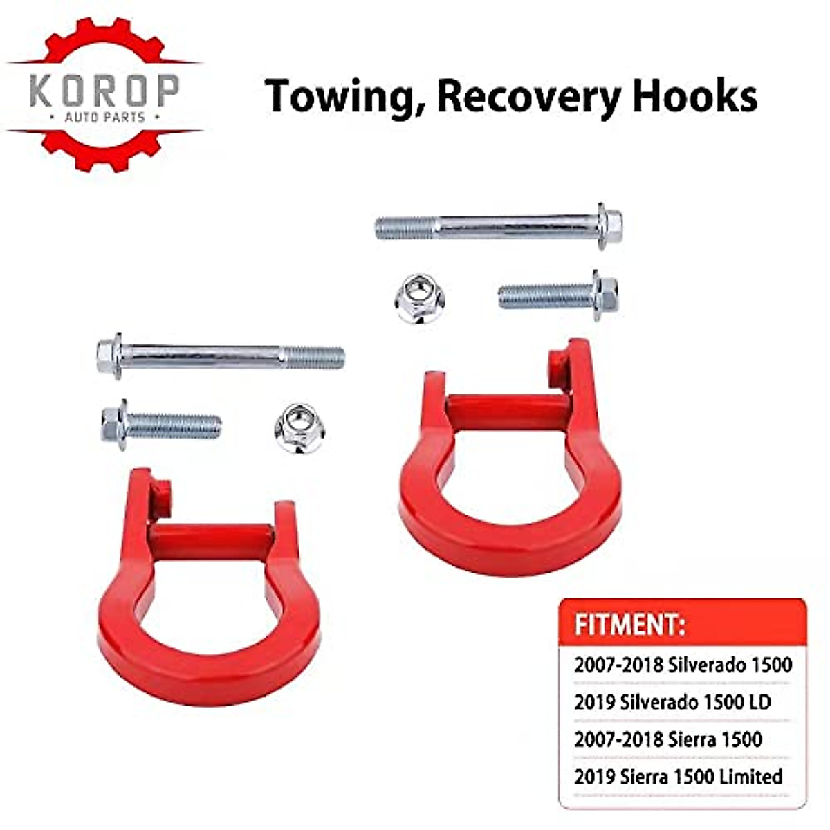 KOROP AUTO PARTS 84192871 Tow Hooks (1 Pair) Fits 2007-2019 GMC Sierra 1500, 2007-2019 Chevy Silverado 1500 Recovery Hook (Red)