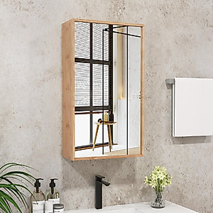 Giantex Medicine Cabinet Mirror, Bathroom Wall Cabinet with Reversible Single Door, 2 Adjustable Shelves, Bathroom Vanity Mirror, Bamboo Storage Cabinet for Bathroom, Living Room, Entryway, Natural
