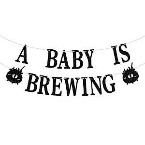 A Baby is Brewing Banner, Halloween Theme Baby First Birthday/Baby Shower/Gender Reveal/Pregnancy Celebration Party Decoration Supplies, Black Glitter