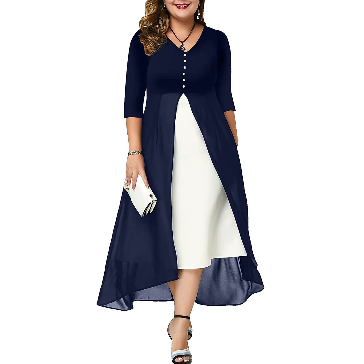Jumpfolia Women's Plus Size 3/4 Sleeve V Neck Chiffon Contrast Panel Cocktail Semi Formal Midi Dresses Navy Blue