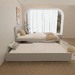 Xilingol Trundle Bed Twin, Solid Wood Bed Frames with Headboard and Wooden Slats Support, Twin Trundle Bed Frame Roll Out, Single Box Bed (No Box Spring Needed), Grey
