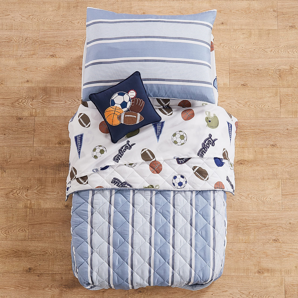 Levtex Baby - Little Sport Toddler Bed Set - Navy, Blue, Taupe, Orange - 5 Piece Set Includes Reversible Quilt 42"x57", Fitted Sheet 28"x52", Flat Sheet 45" x60in, Pillow Case 20"x26", Pillow 10"x12"