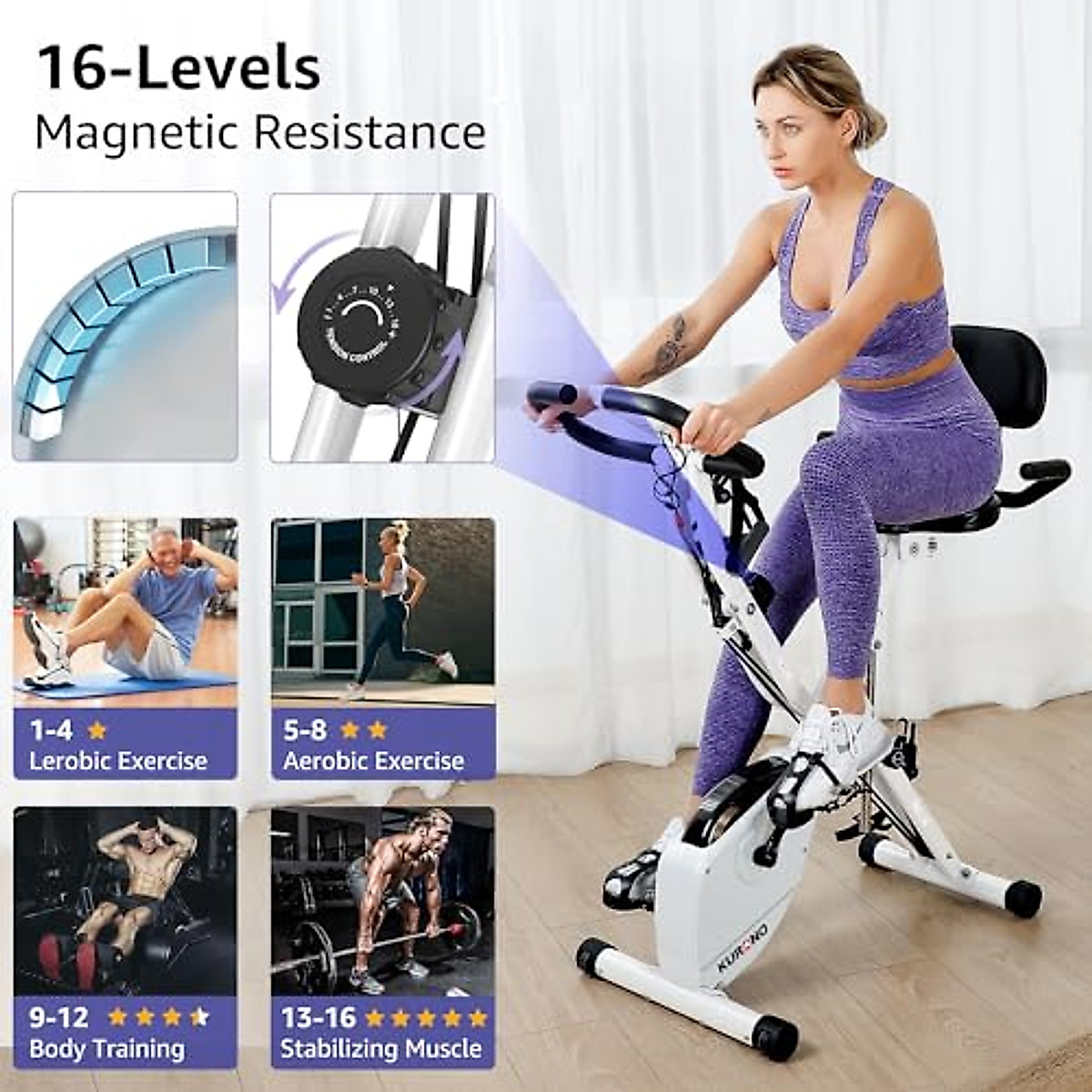 KURONO Stationary Exercise Bike for Home Workout | 4 IN 1 Foldable Indoor Cycling Bike for Seniors | 300 LB Capacity More Magnetic Resistance Seat Backrest Adjustments - White
