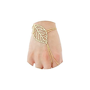 Jovono Boho Slave Bracelet Gold Leaf Finger Ring Bracelets Simple Beach Hand Chain Jewelry for Women(Gold)