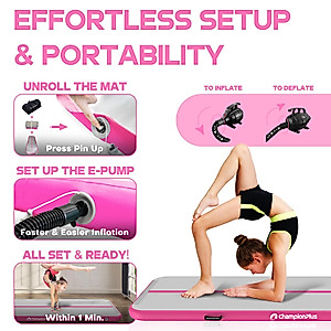 CHAMPIONPLUS 10ft 13ft 16ft 20ft Tumble Track Tumbling Mat Inflatable Gymnastics Air Mat 4/8 inches Thickness for Home Training Cheerleading Yoga with Electric Air Pump Pink 20'x3.3'x4''