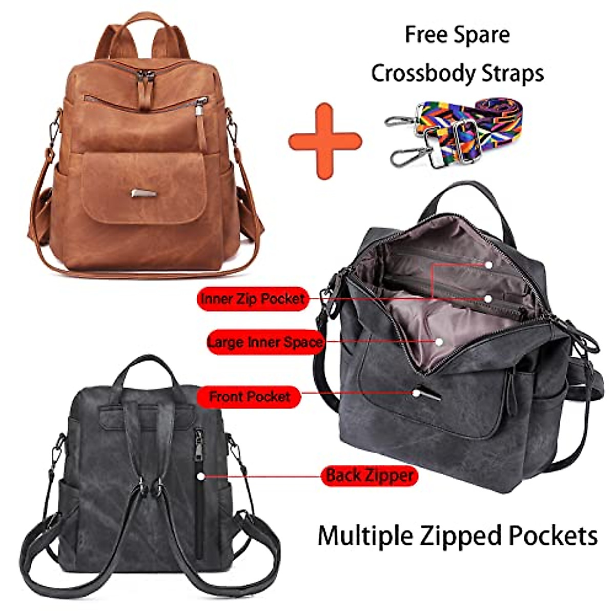 KlaOYer PU Leather Backpack Purse for Women Fashion Multipurpose Design Handbag Ladies Shoulder Bags Travel Backpack (Brown)