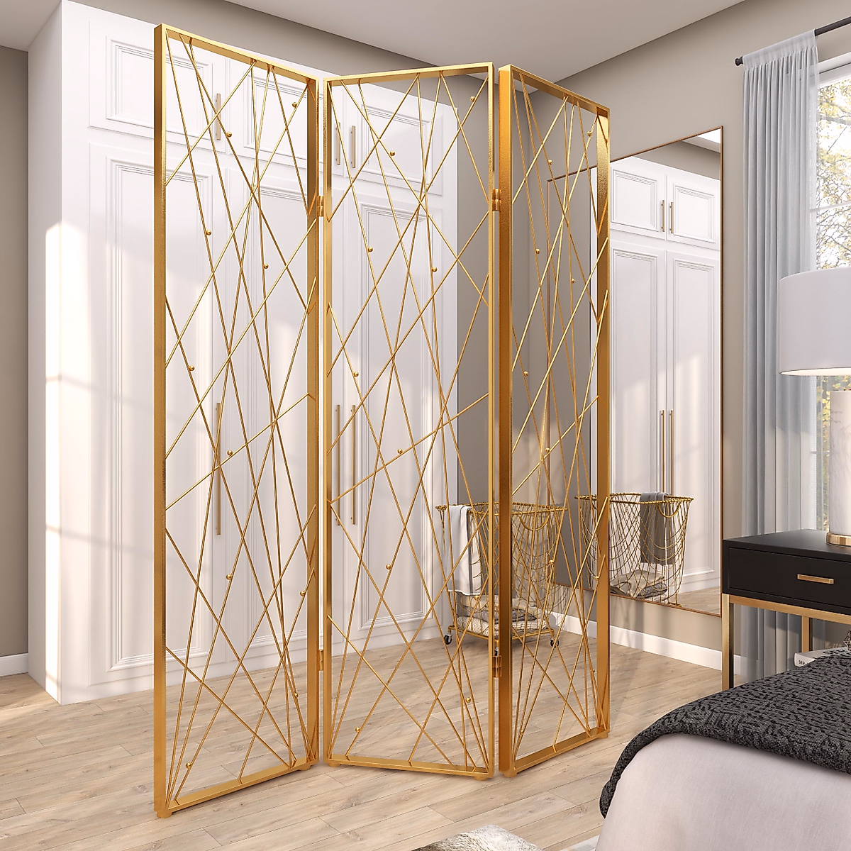 Deco 79 Metal Abstract Partition Room Divider Screen Foldable Partition Wire Rod 3 Panel Privacy Screen with Small Ball Accents, Room Partition 59" x 2" x 79", Gold