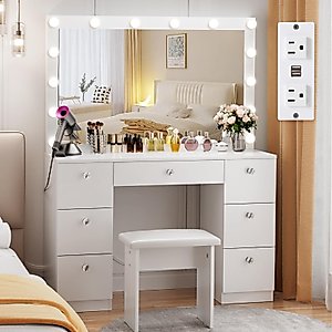 VOWNER Vanity with Lighted Mirror - Makeup Vanity Desk with Power Outlet and 7 Drawers, 3 Color Lighting Modes Adjustable Brightness, 44" Vanity Table with Soft Cushioned Stool for Women Girls, White