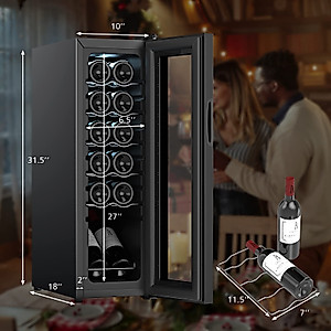 COSTWAY 10 Inch Wine Cooler, 12 Bottles Wine Refrigerator w/Digital Temperature Control, Double-Layer Door & LED Lights, Freestanding Built-in Mini Wine Fridge for Home Bar Office