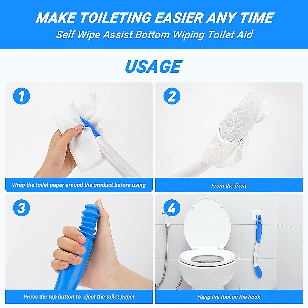Foldable Butt Wiper, Jhua 15.7" Toilet Aids for Wiping, Comfort Silicone Bottom Buddy Wiping Aid with Hanging Ring, Hook, Carrying Bag, Toilet Aid Tools Bathroom Personal Care, Blue