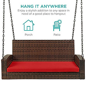 Best Choice Products Woven Wicker Outdoor Porch Swing, Hanging Patio Bench for Deck, Garden w/Mounting Chains, Seat Cushion - Brown/Red