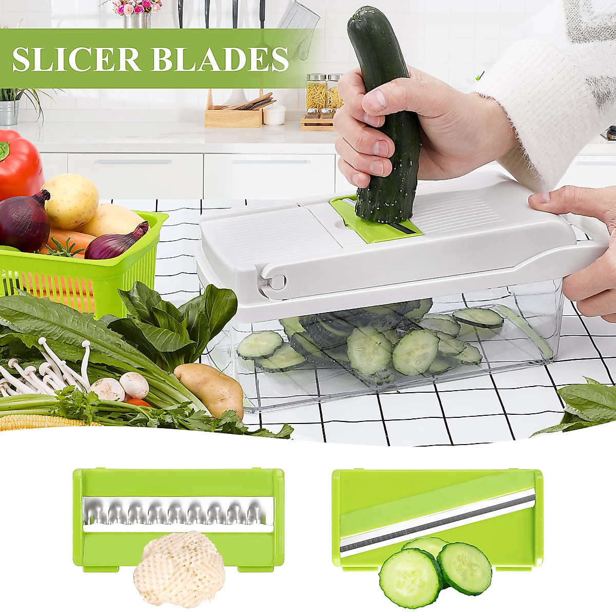VRJISZTA 13 in 1 Kitchen Vegetable Chopper Slicer Dicer, Food Chopper/Cutter, veggie Chopper with 8 Blades, Storage Container for Egg Onion Tomato Potato Carrot Salad