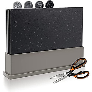 MASTERTOP Cutting Board Set for Kitchen Holder - Index Plastic Chopping Board Set of 4, BPA Free, No Slip, Dishwasher Safe, Thicker Cutting Boards With Draining Rack Organizer, 1 Pair of Scissors